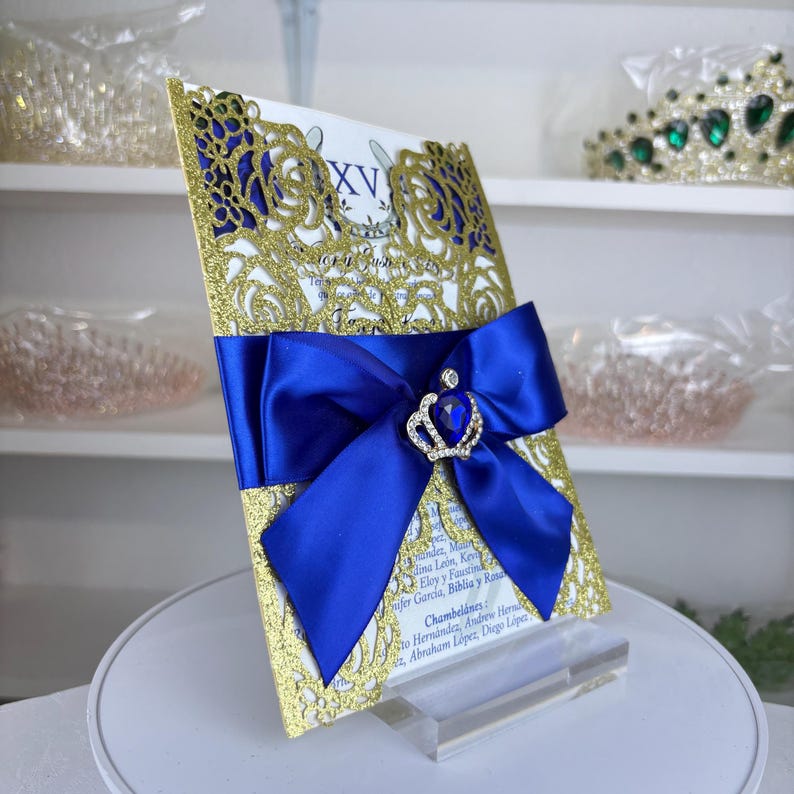 Gold Glitter/royal Blue Lase Cut Quinceañera Invitation - Etsy