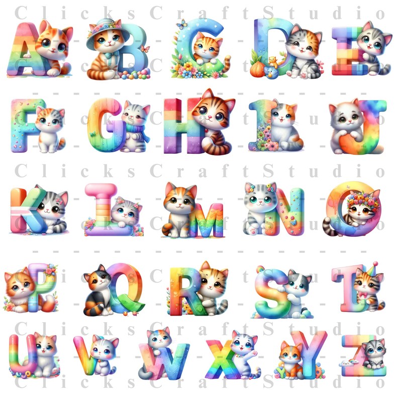 Kitty Cat Alphabet PNG | A to Z Letters Numbers 0-9 | Kids Craft Font ...
