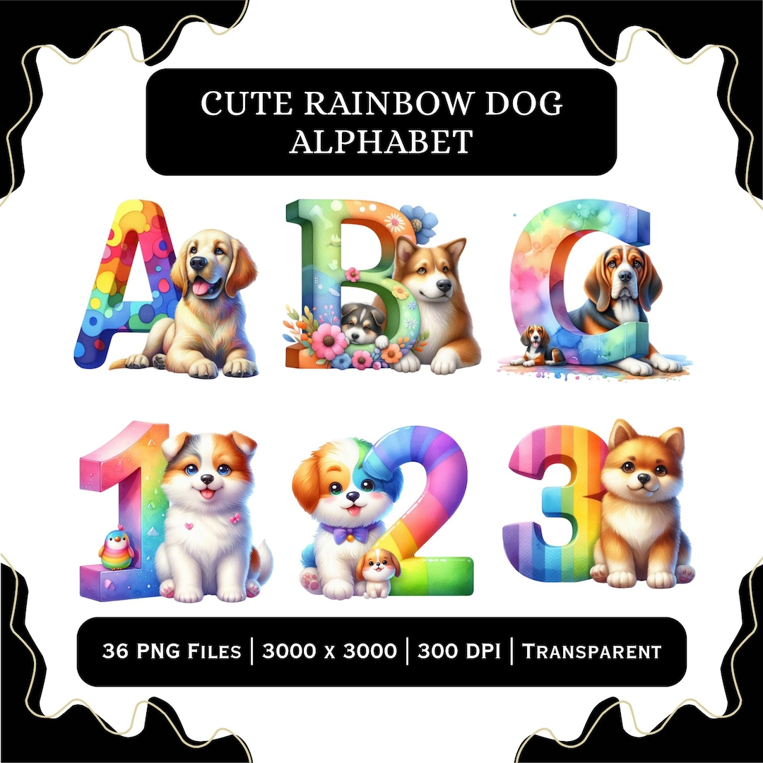 Rainbow Dog Alphabet A to Z With Numbers 0 to 9 PNG | Colorful Pet ...