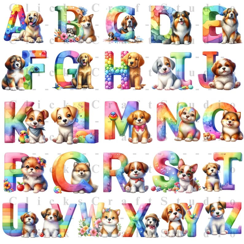 Rainbow Dog Alphabet A to Z With Numbers 0 to 9 PNG | Colorful Pet ...
