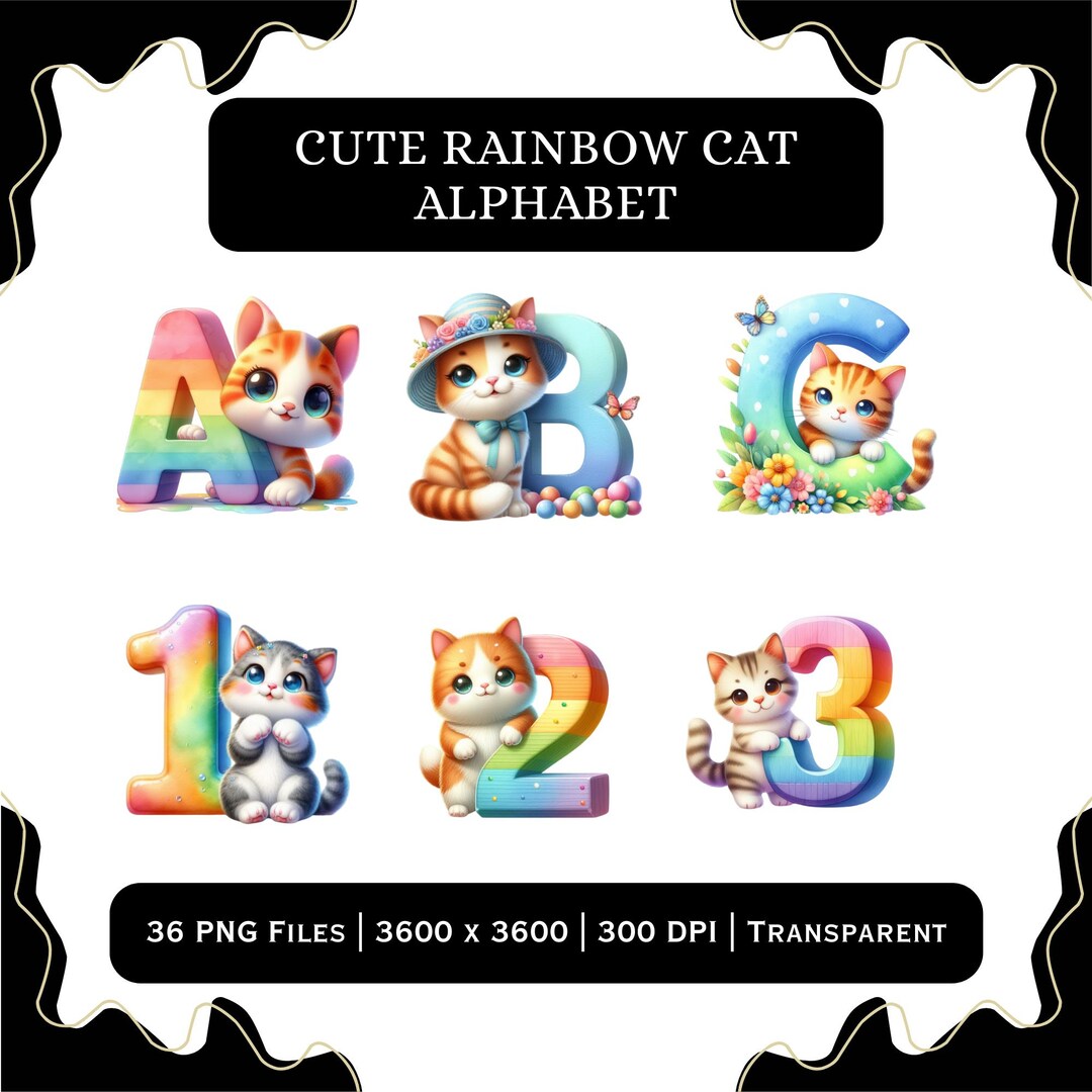 Kitty Cat Alphabet PNG | A to Z Letters Numbers 0-9 | Kids Craft Font ...