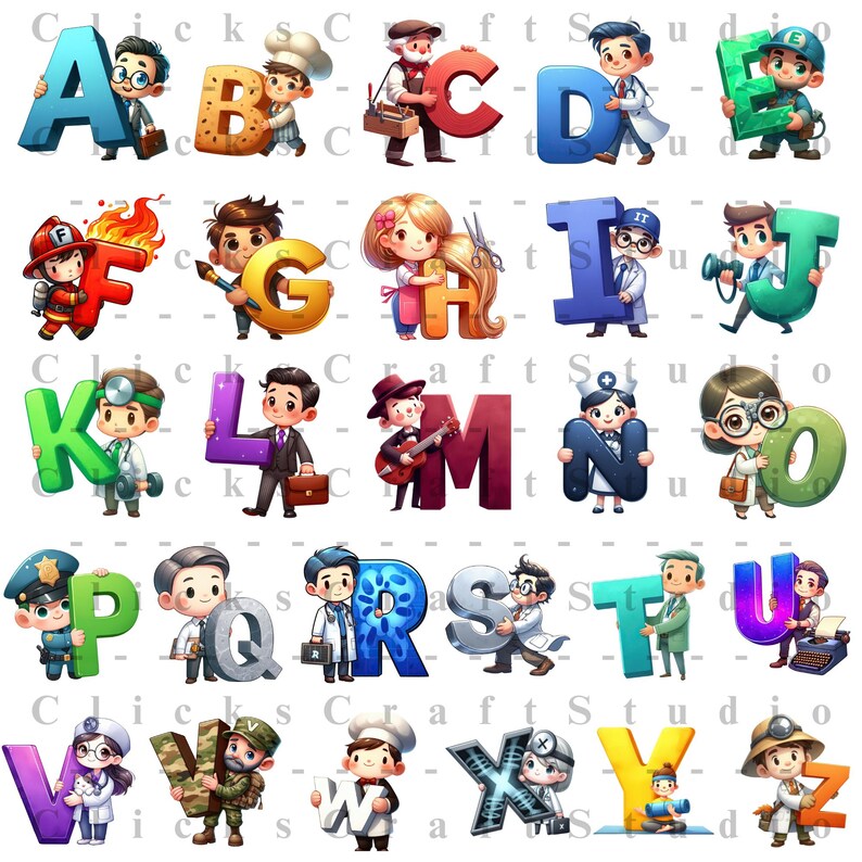 Profession Alphabet PNG A–Z | Career Letters Characters Kids Learning ...
