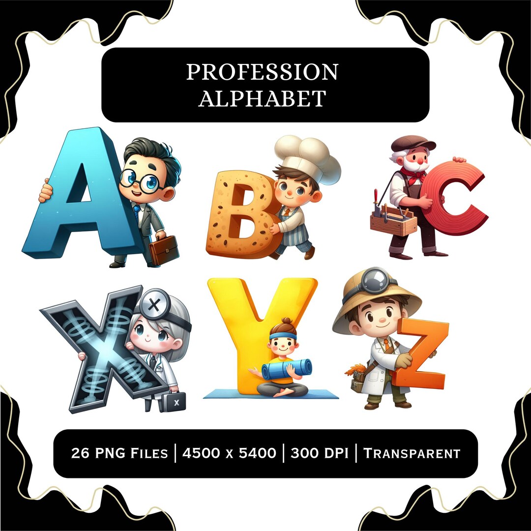 Profession Alphabet PNG A–Z | Career Letters Characters Kids Learning ...