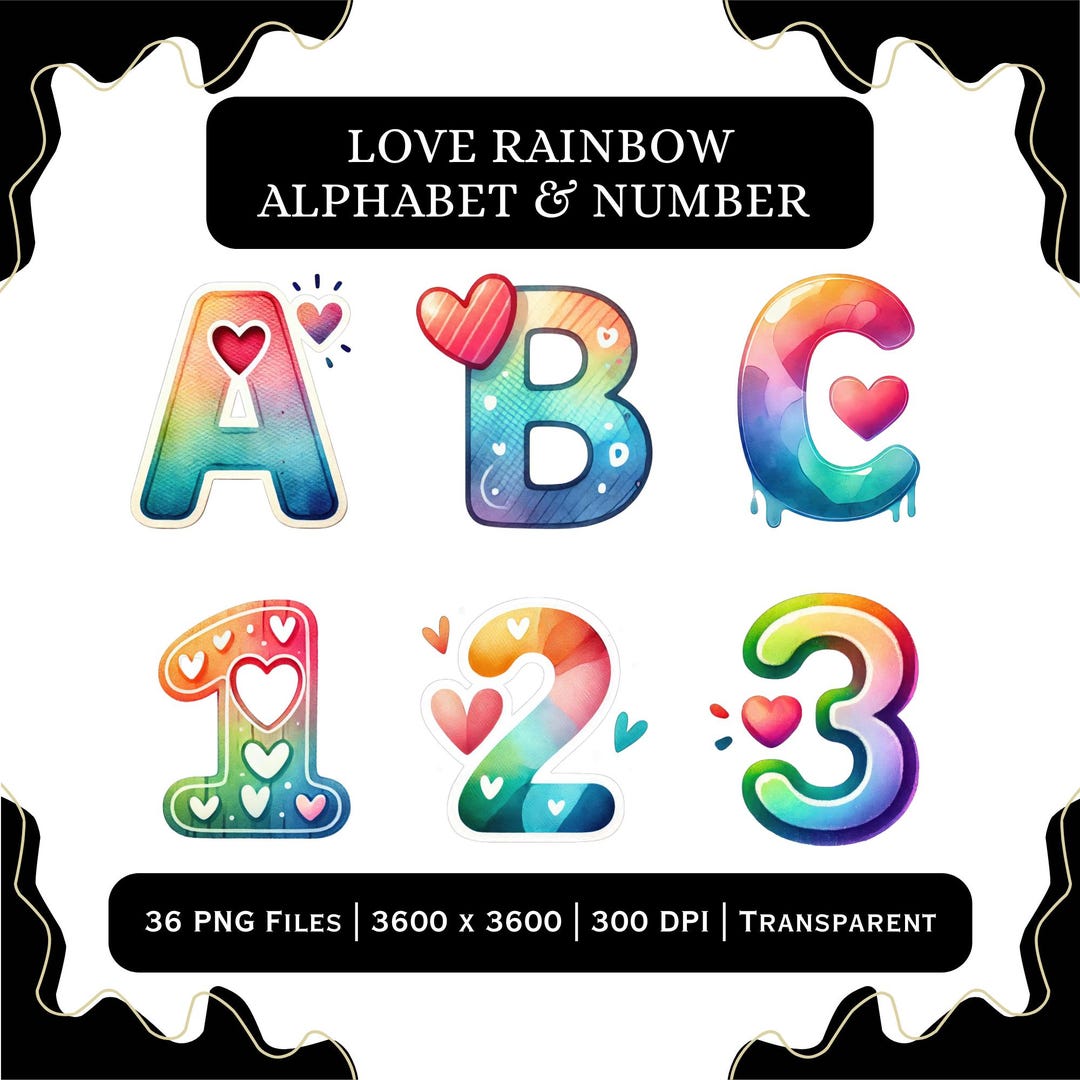 Rainbow Alphabet Numbers PNG | Love Heart Letters (digital Download) - Etsy