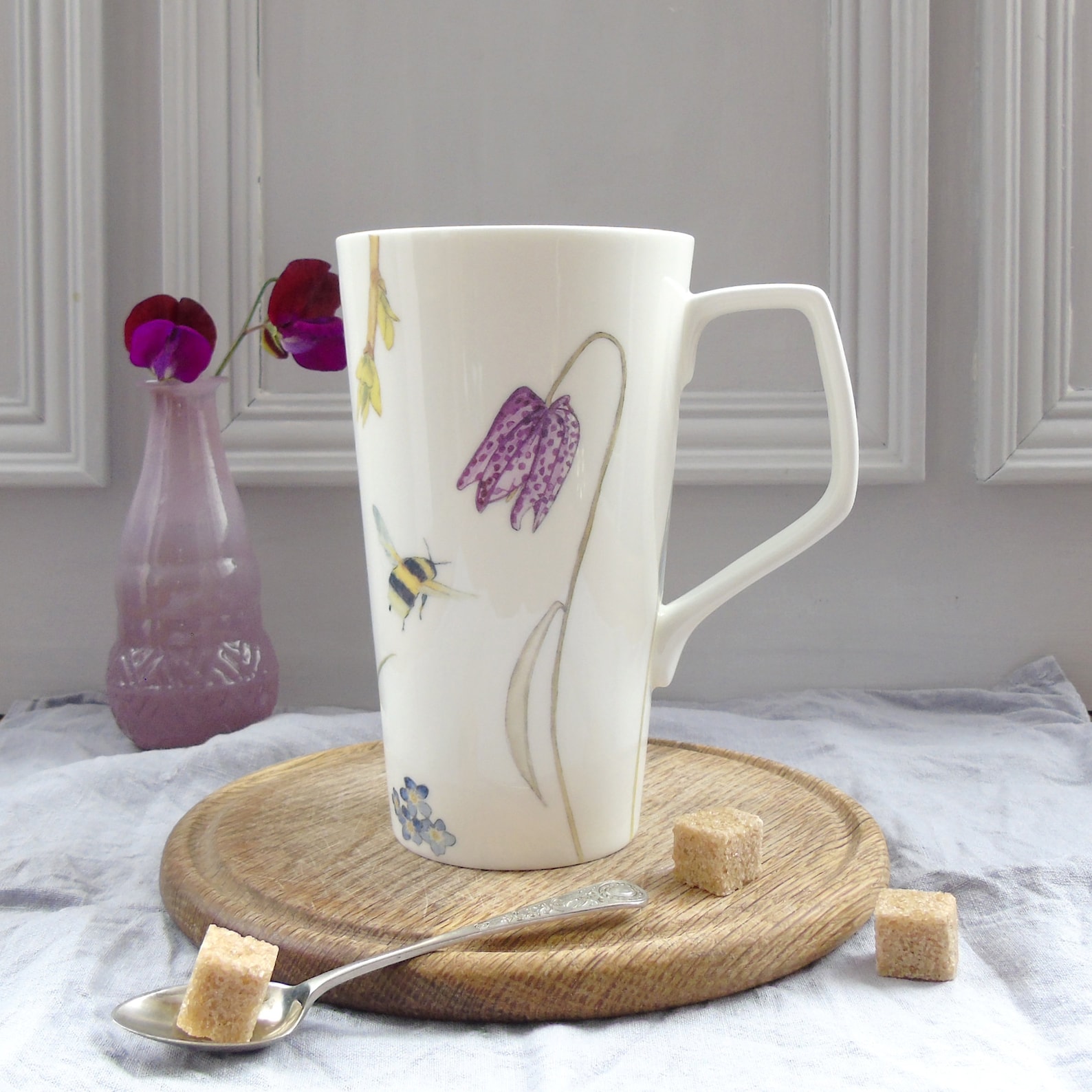 Bee and Spring Flower Tall Mug - Coffee Mug- Gift for Gardeners - Bone ...