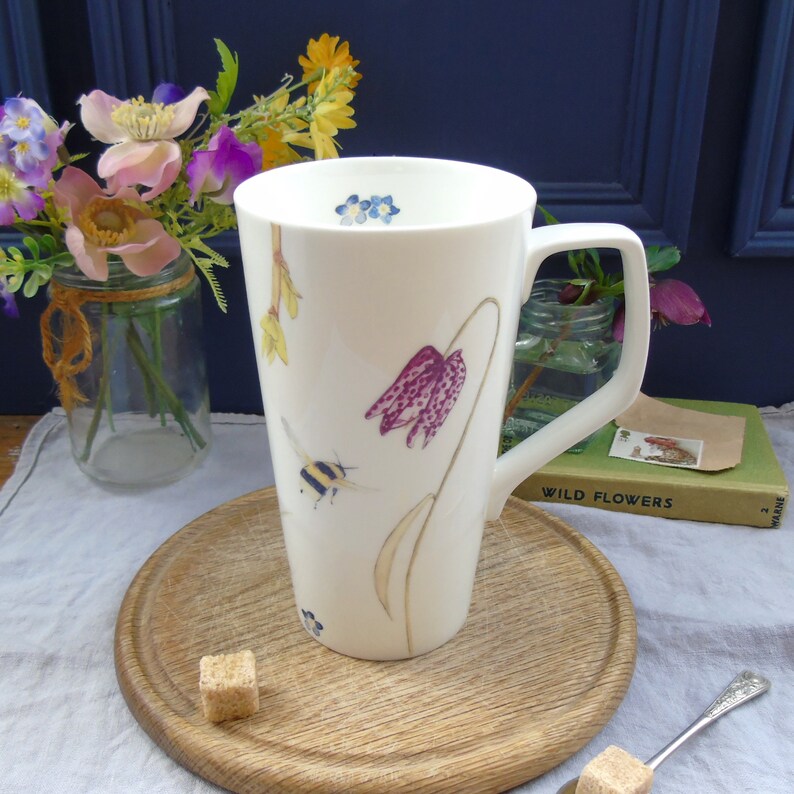 Bee and Spring Flower Tall Mug - Coffee Mug- Gift for Gardeners - Bone ...