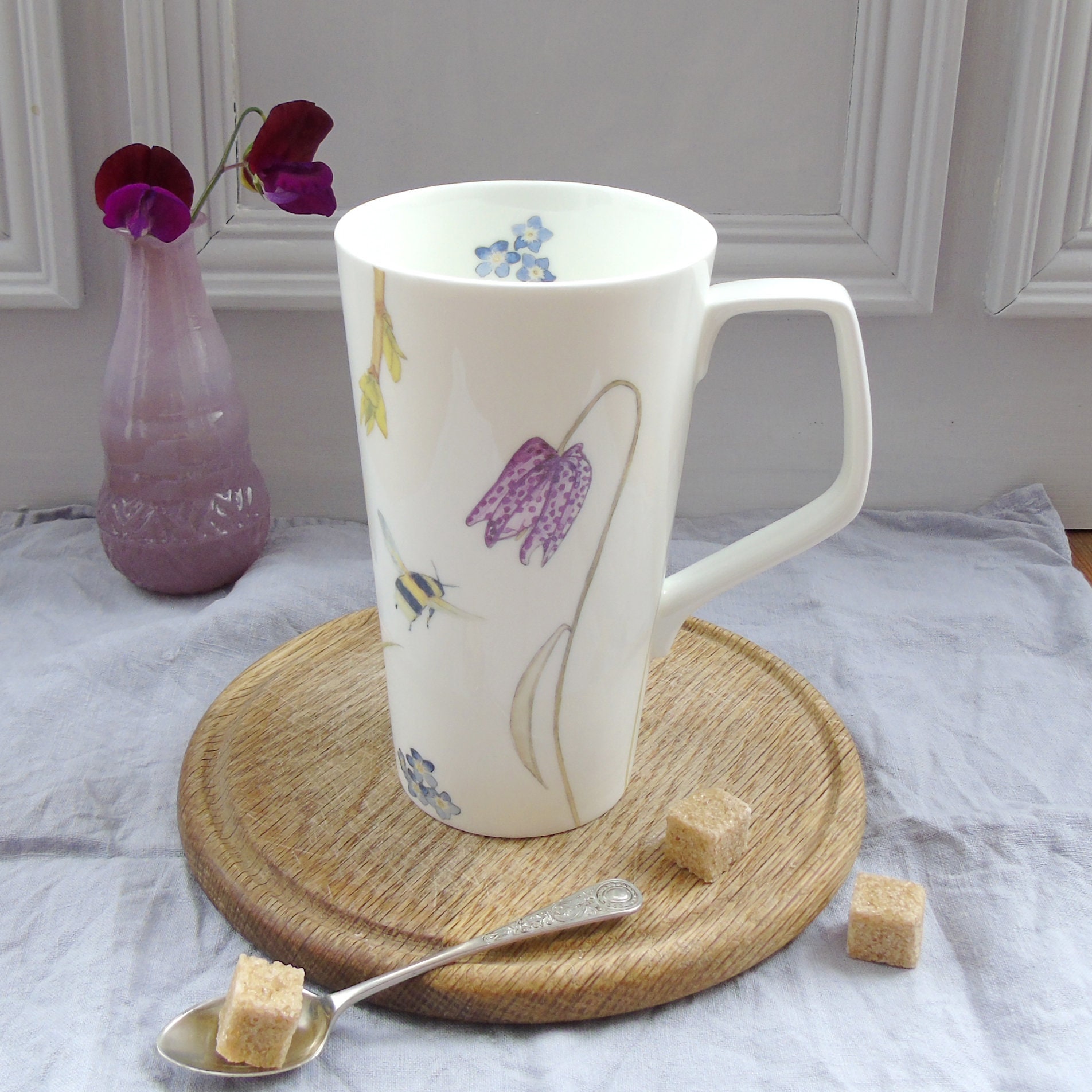 Bee and Spring Flower Tall Mug - Coffee Mug- Gift for Gardeners - Bone ...