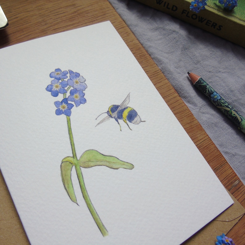 Forget Me Not and Bee Greetings Card Forget Me Not Card - Etsy