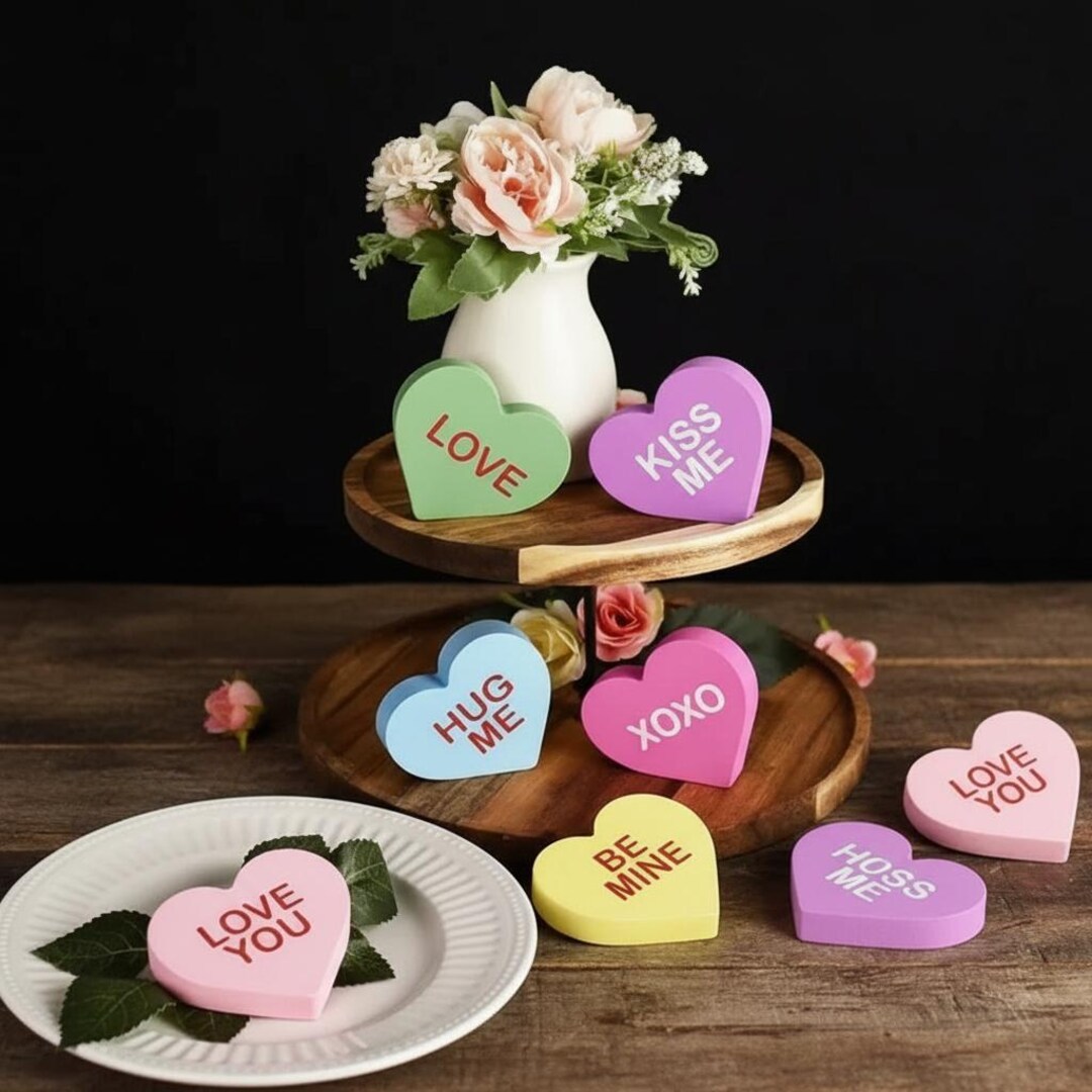 Wooden Conversation Hearts Decor – Valentine's Day Tabletop Signs, Set ...