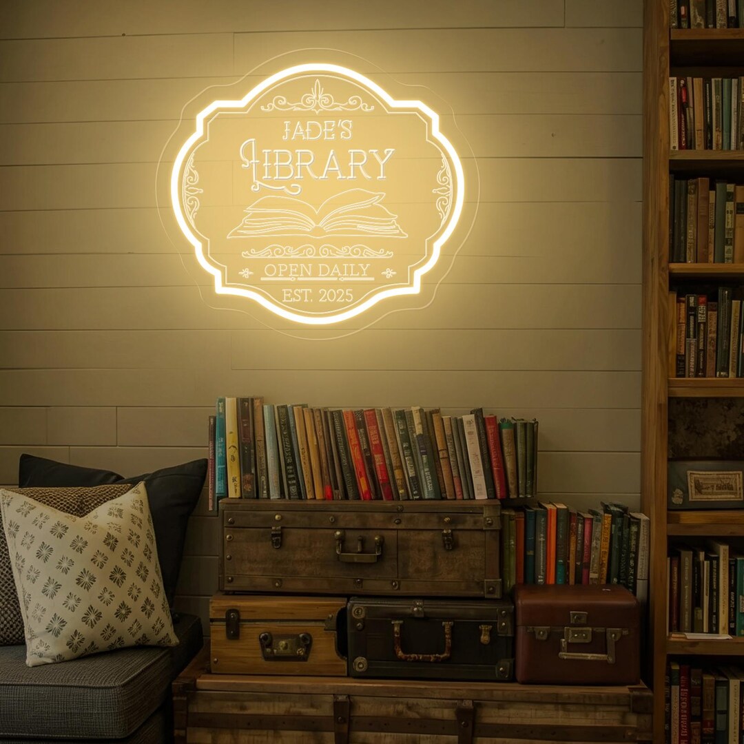 Personalized Library Neon Sign, Custom Bookshelf Decor, Book Lover Gift ...