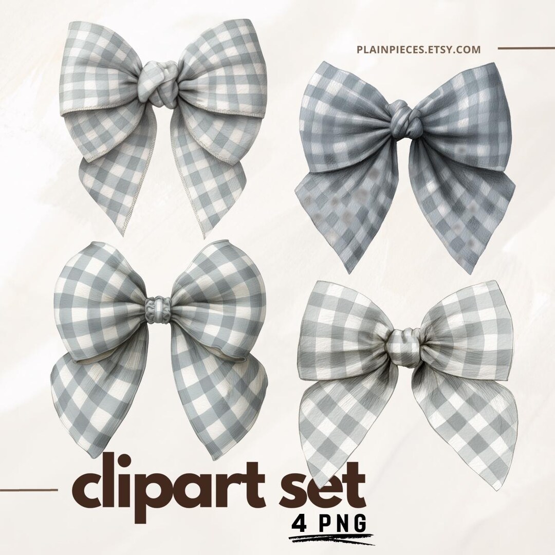 Soft Grey Gingham Bow Clipart Set PNG, Neutral Plaid Ribbon Bows ...