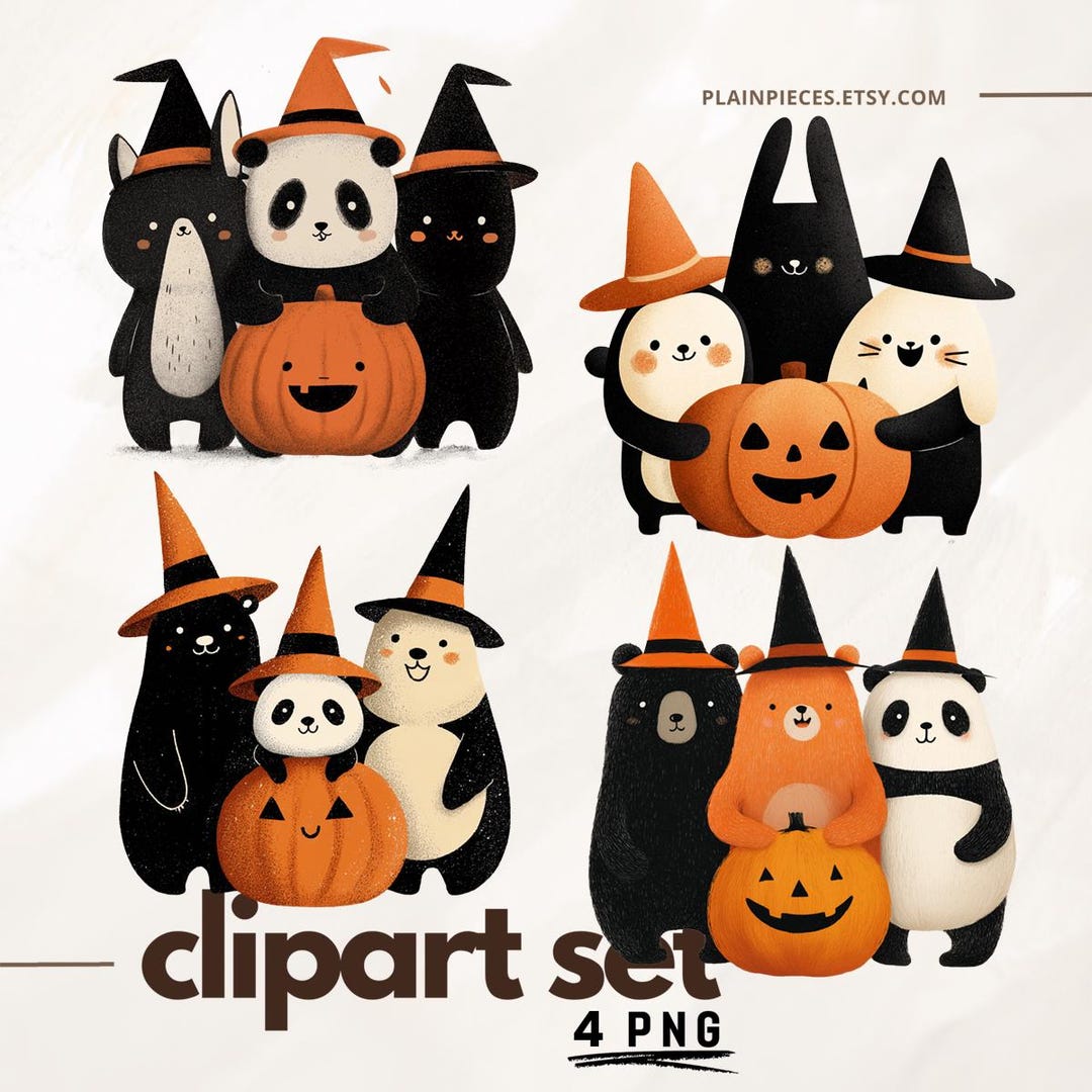 Cute Halloween Animal Clipart Set PNG, Bear and Panda in Witch Hats ...