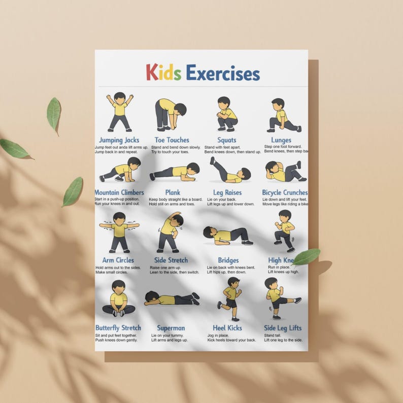 Printable Exercise Chart Kids, Kids Exercise Poster, Kids Exercise ...