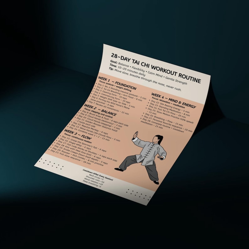 Printable 28 Day Tai Chi Workout Routine, Tai Chi Workout Chart, Tai ...
