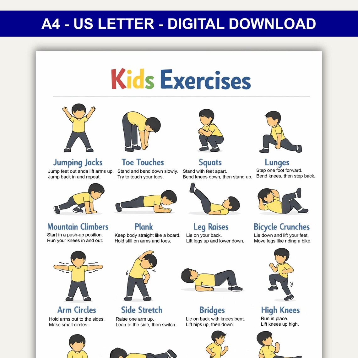Printable Exercise Chart Kids, Kids Exercise Poster, Kids Exercise ...