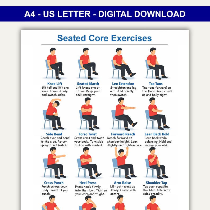 Seated Core Exercises Chart, Chair Core Exercises Poster, Core Workout ...