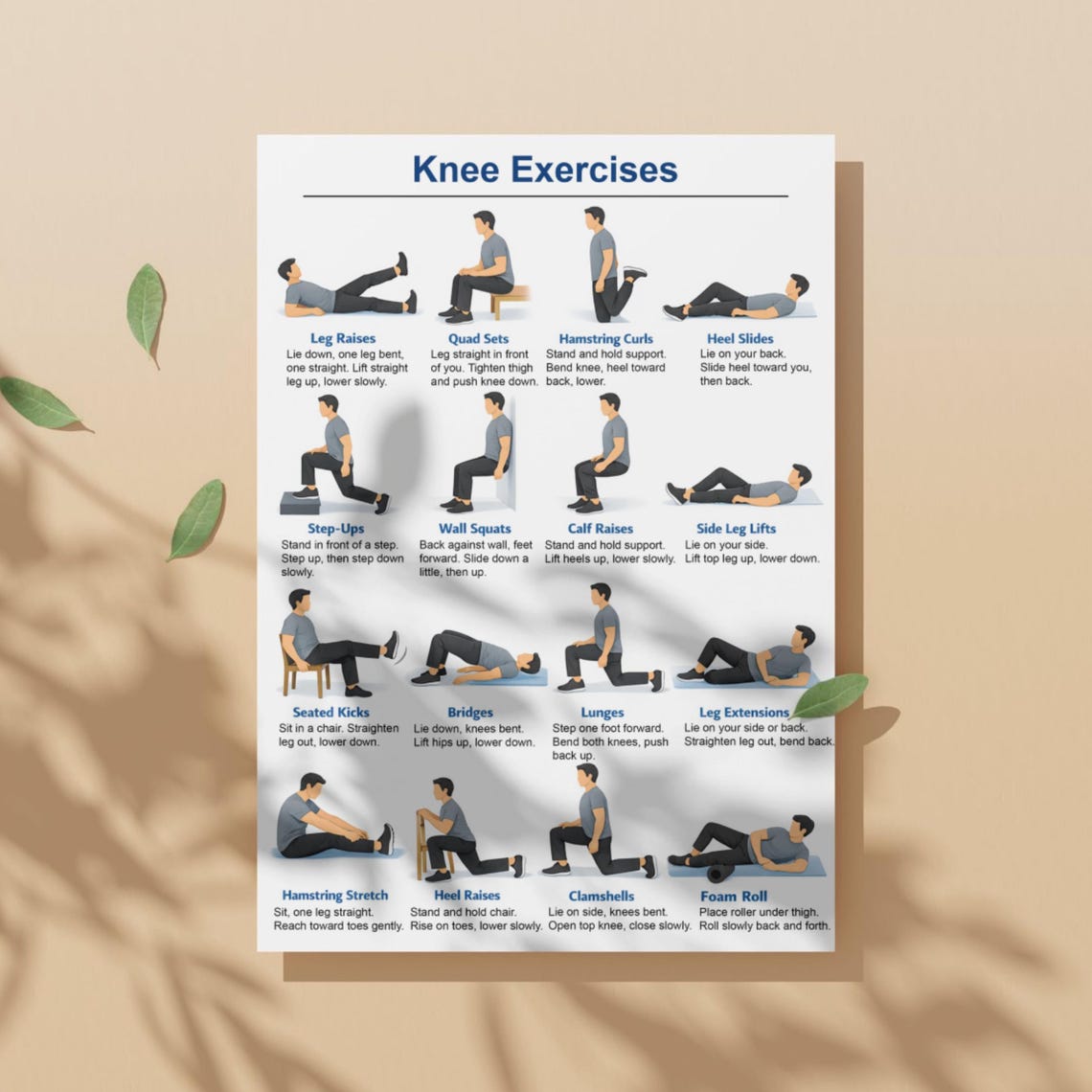 Knee Exercises Chart, Knee Friendly Exercises Poster, Printable ...