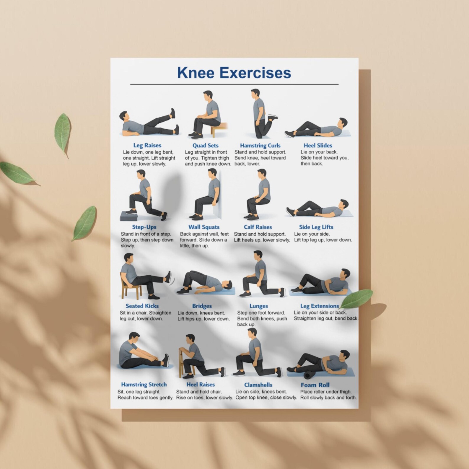 Knee Exercises Chart, Knee Friendly Exercises Poster, Printable ...