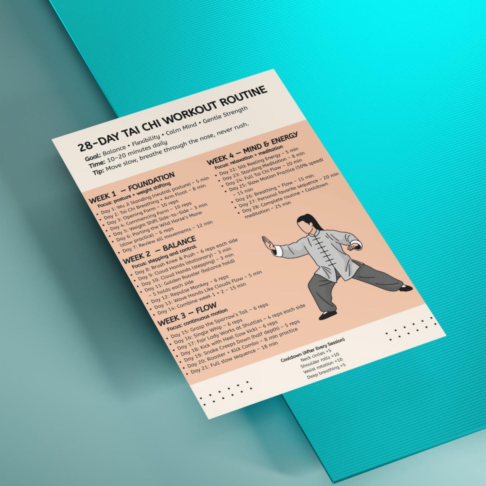 Printable 28 Day Tai Chi Workout Routine, Tai Chi Workout Chart, Tai ...