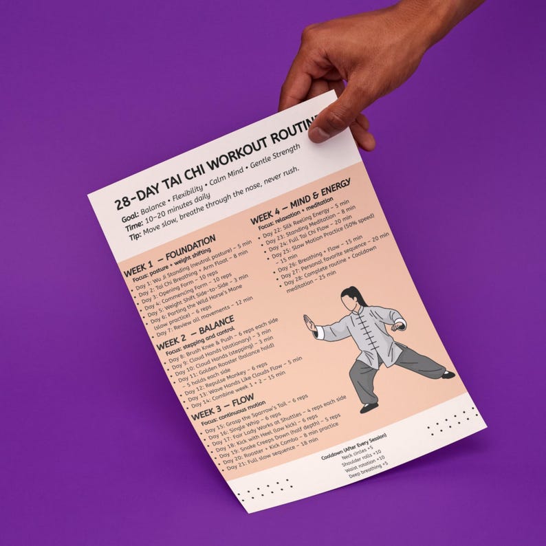Printable 28 Day Tai Chi Workout Routine, Tai Chi Workout Chart, Tai ...