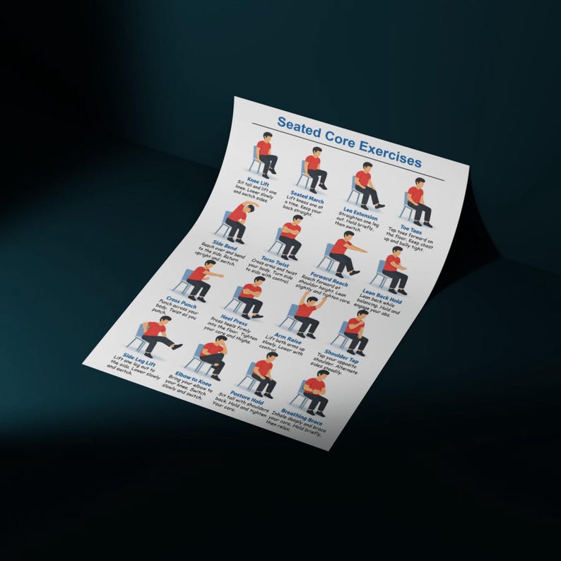 Seated Core Exercises Chart, Chair Core Exercises Poster, Core Workout ...