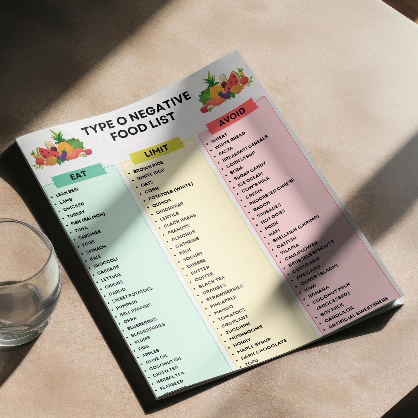 Type O Negative Food List, Printable Food List, Pdf Food List, Digital ...