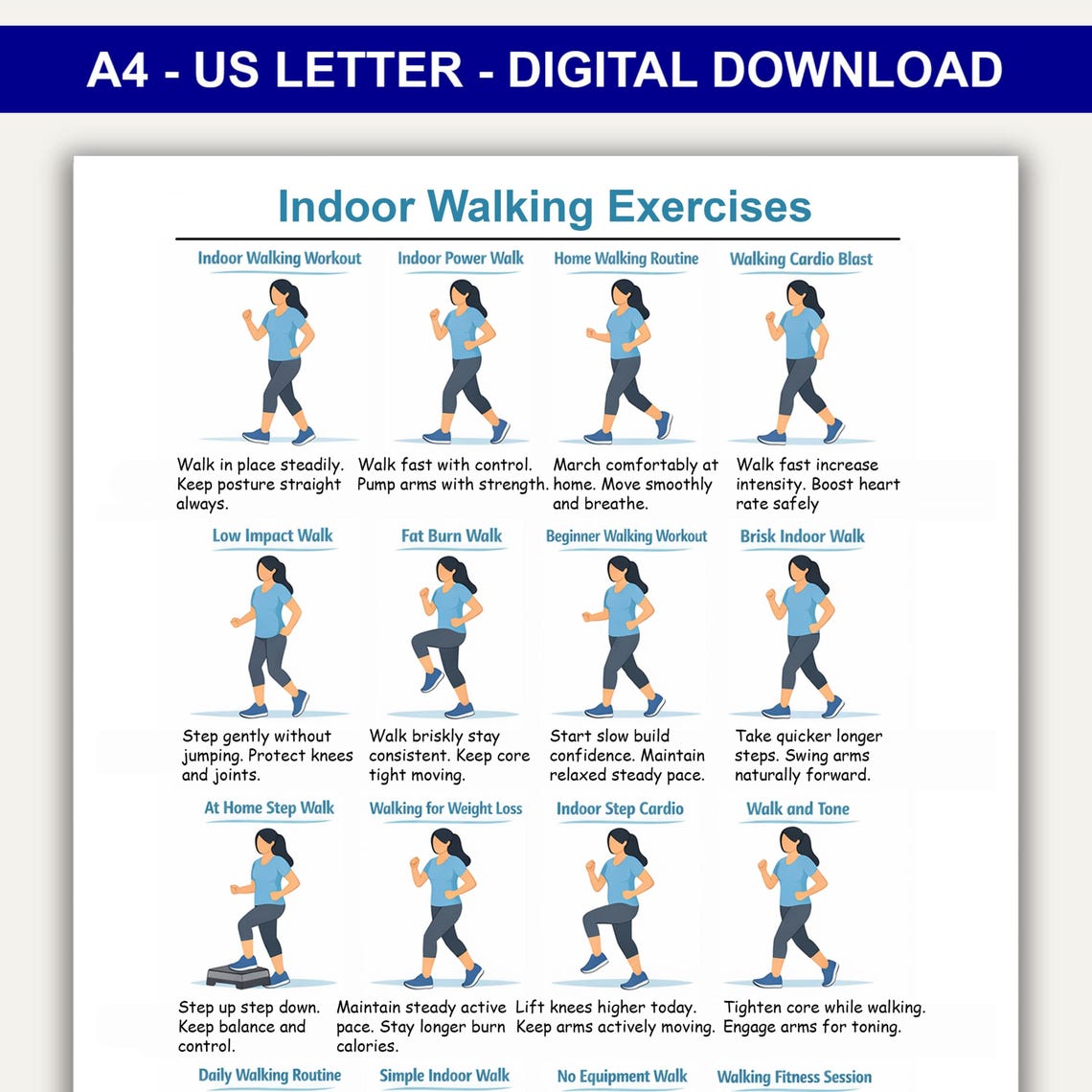 Walking Exercises Chart, Indoor Walking Exercise Plan, Walking Workout ...