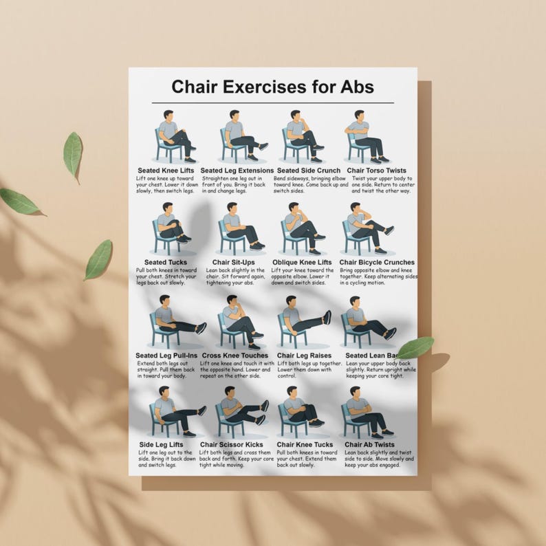Printable Chair Exercises for Abs, Mens Chair Exercise Poster, Chair ...