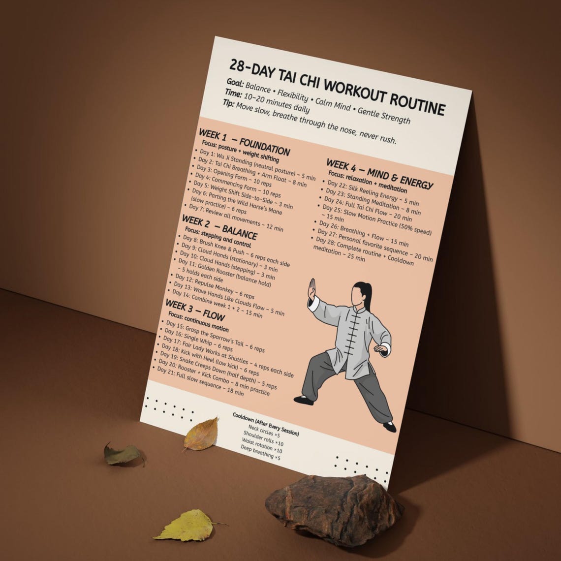 Printable 28 Day Tai Chi Workout Routine, Tai Chi Workout Chart, Tai ...