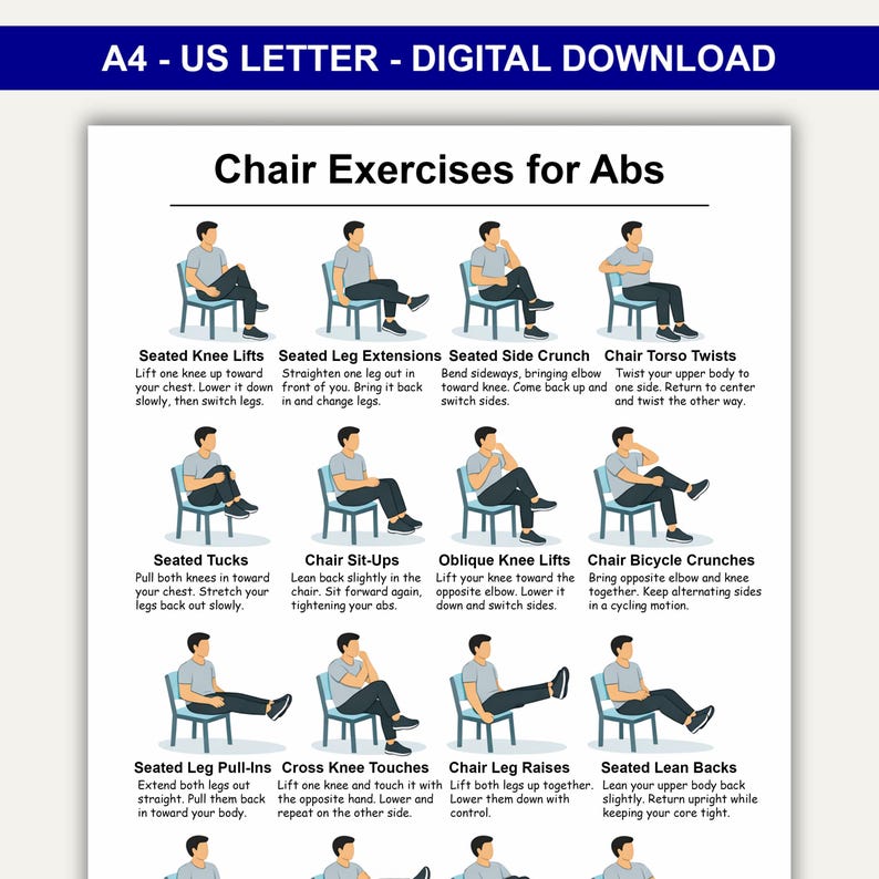 Printable Chair Exercises for Abs, Mens Chair Exercise Poster, Chair ...