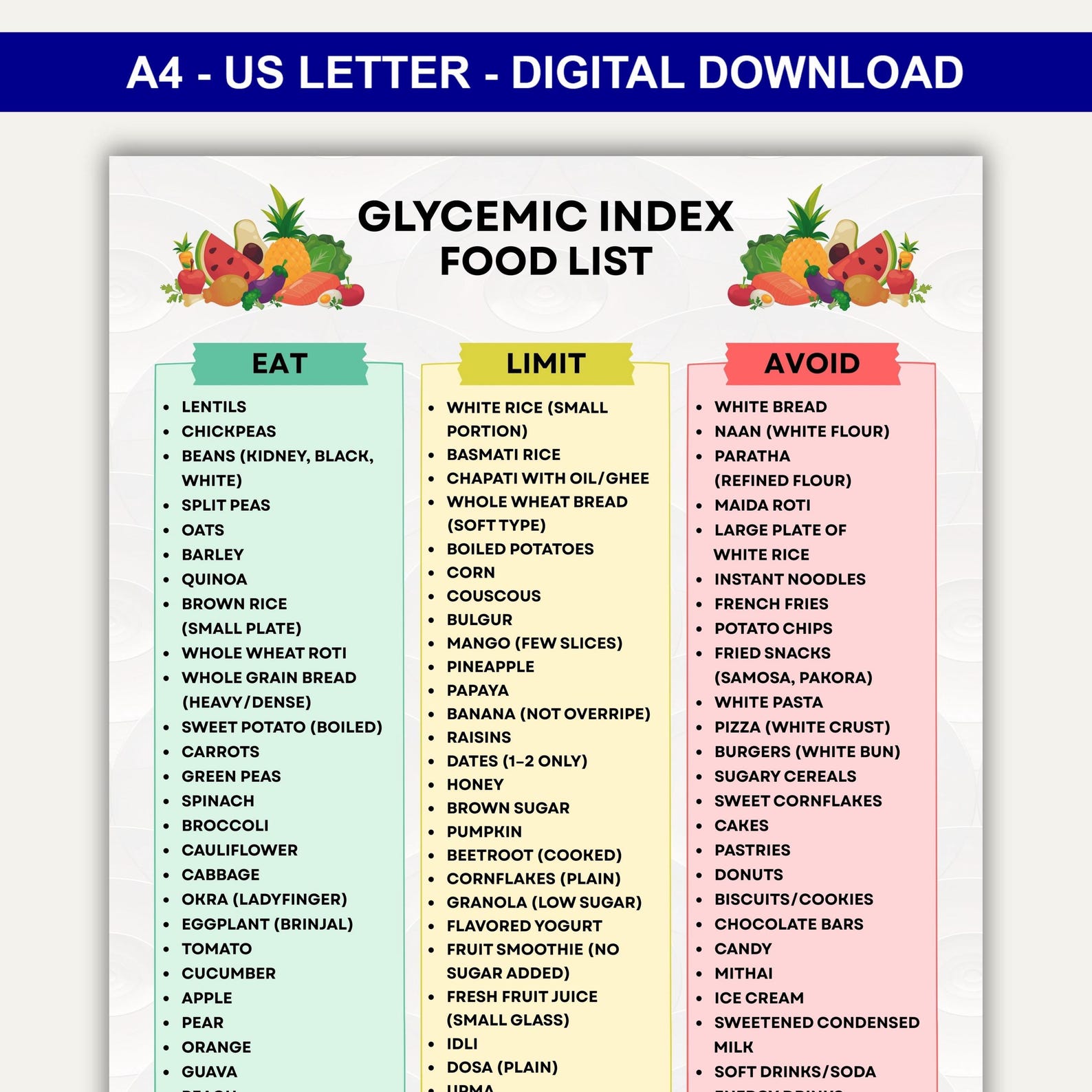 Printable Glycemic Index Food List, Glycemic Index Food Chart, Glycemic ...