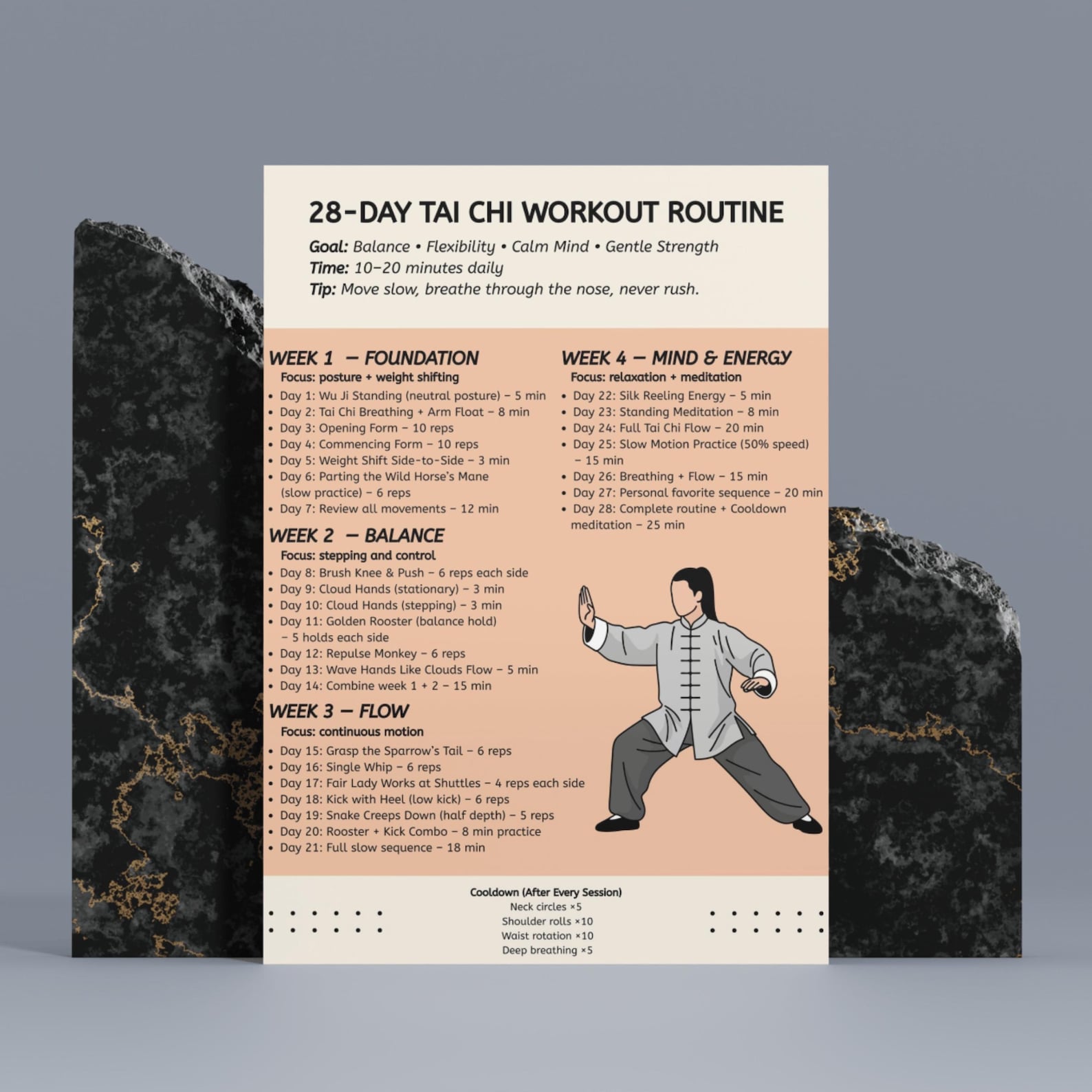 Printable 28 Day Tai Chi Workout Routine, Tai Chi Workout Chart, Tai ...