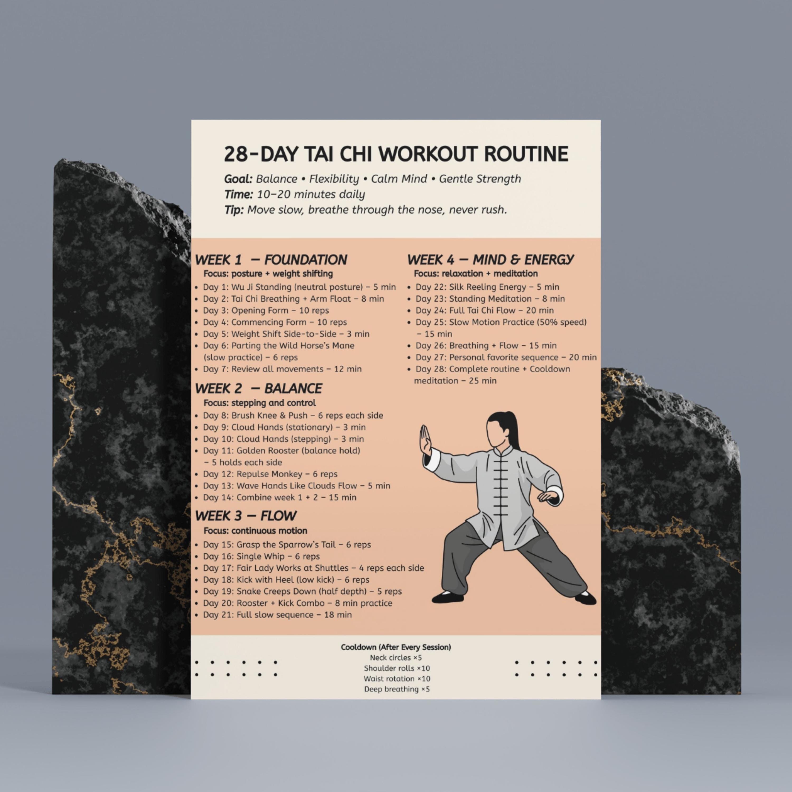 Printable 28 Day Tai Chi Workout Routine, Tai Chi Workout Chart, Tai ...