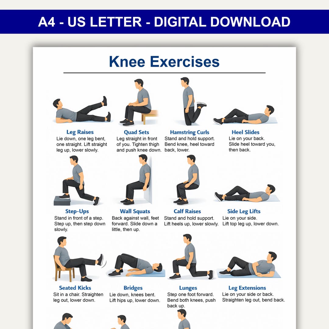 Knee Exercises Chart, Knee Friendly Exercises Poster, Printable ...