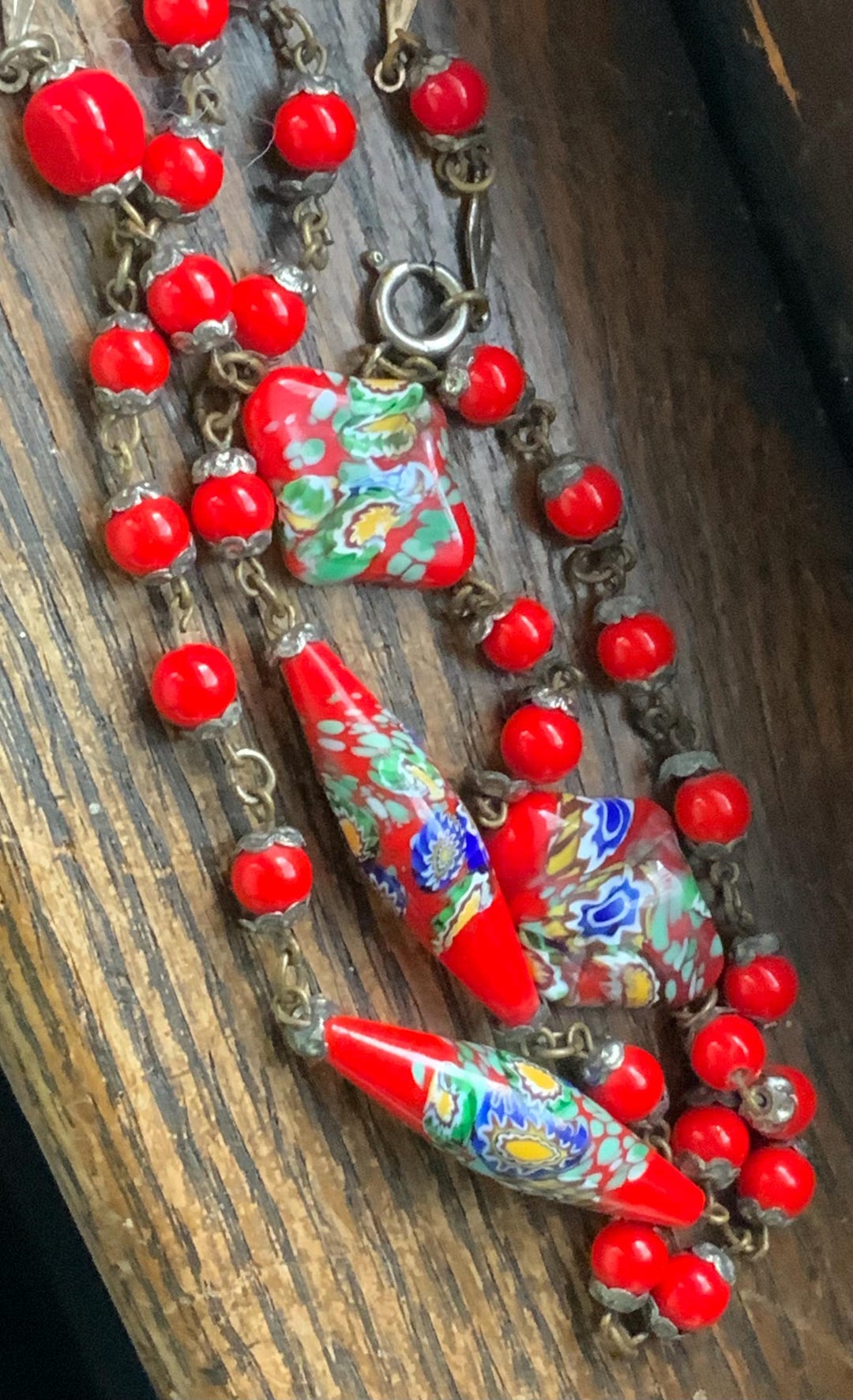 Vintage Bead Caps Red Venetian Millefiori Glass Beaded Necklace - Etsy