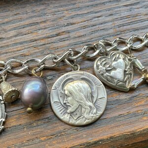 Sterling Silver and Pearl Religious Artist Made Charm Bracelet Signed ...