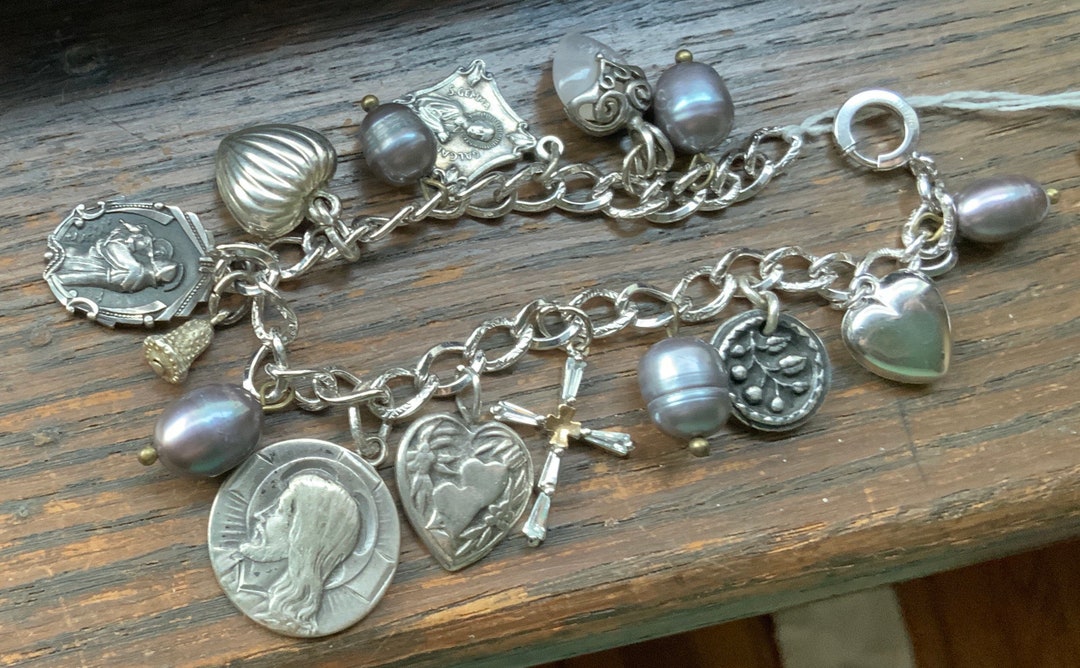Sterling Silver and Pearl Religious Artist Made Charm Bracelet Signed ...