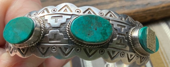Vintage Peru sterling silver 18k and turquoise cuff b… - Gem