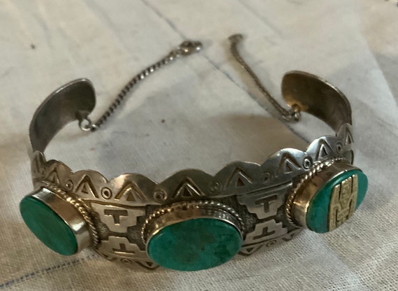Vintage Peru sterling silver 18k and turquoise cuff b… - Gem