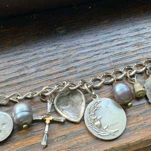 Sterling Silver and Pearl Religious Artist Made Charm Bracelet Signed ...