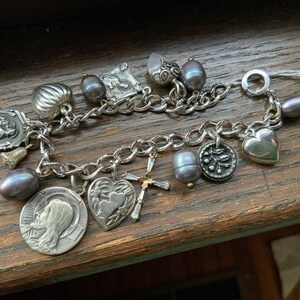 Sterling Silver and Pearl Religious Artist Made Charm Bracelet Signed ...