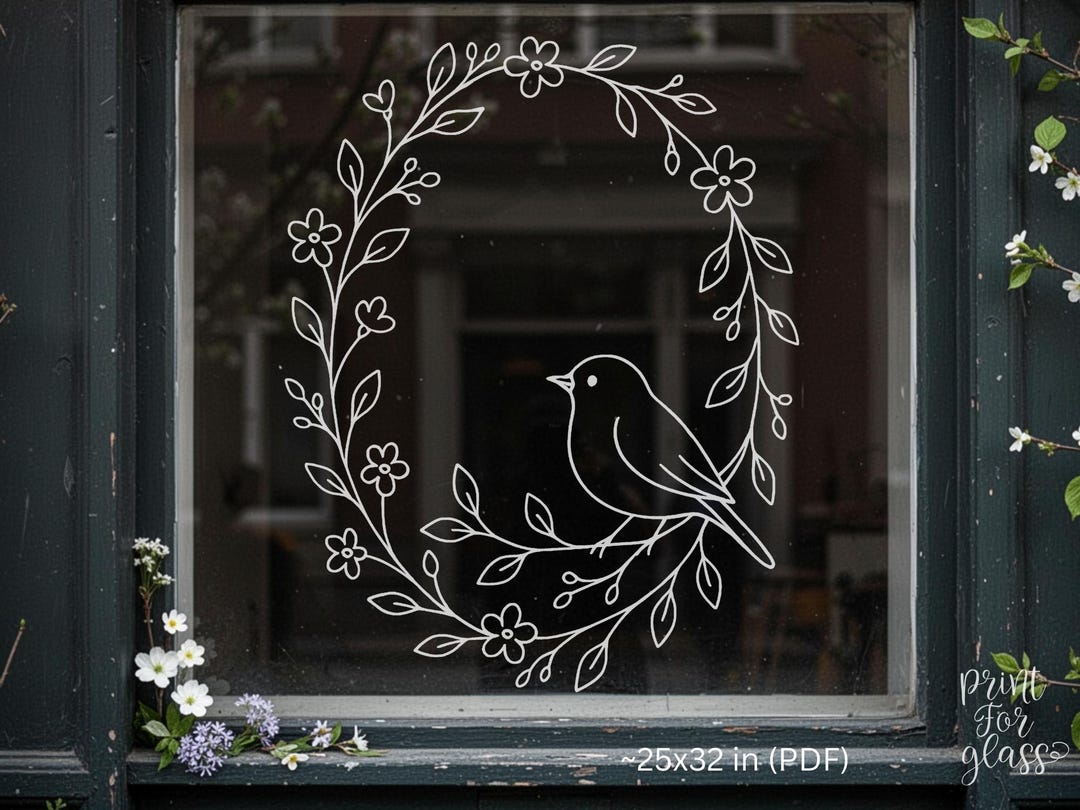 Spring Bird Window Art Template | Floral Chalk Marker Printable | Glass ...