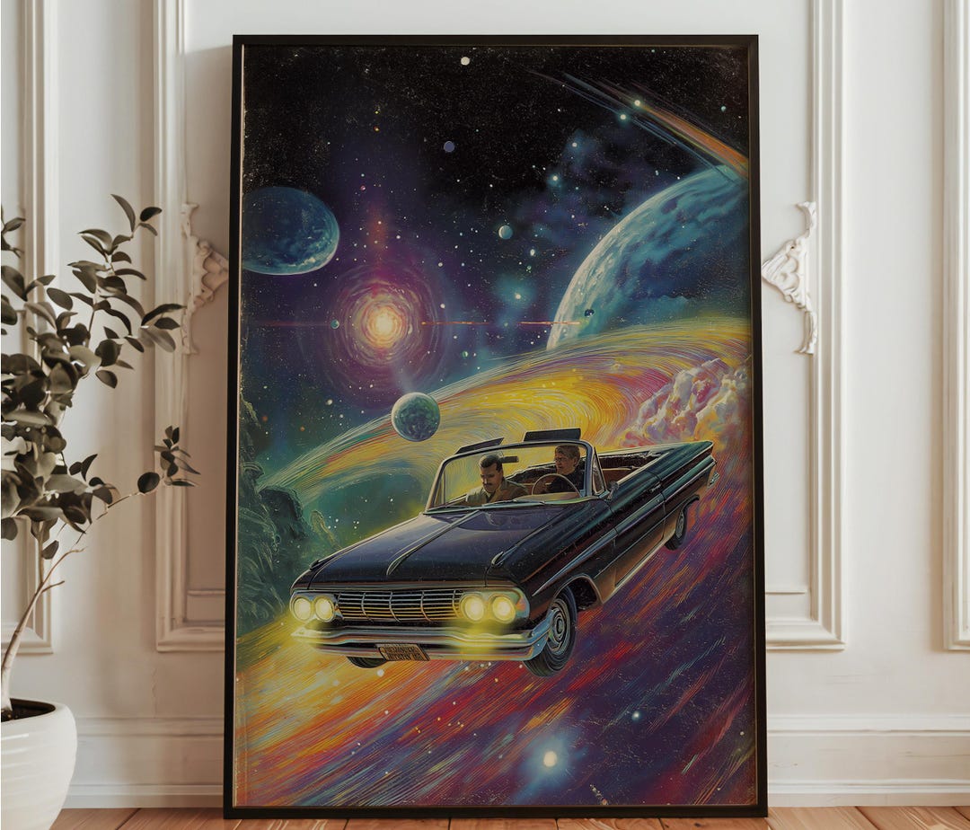 Retro Space Car Art Print - Cosmic Road Trip Wall Art - Sci Fi Vintage ...