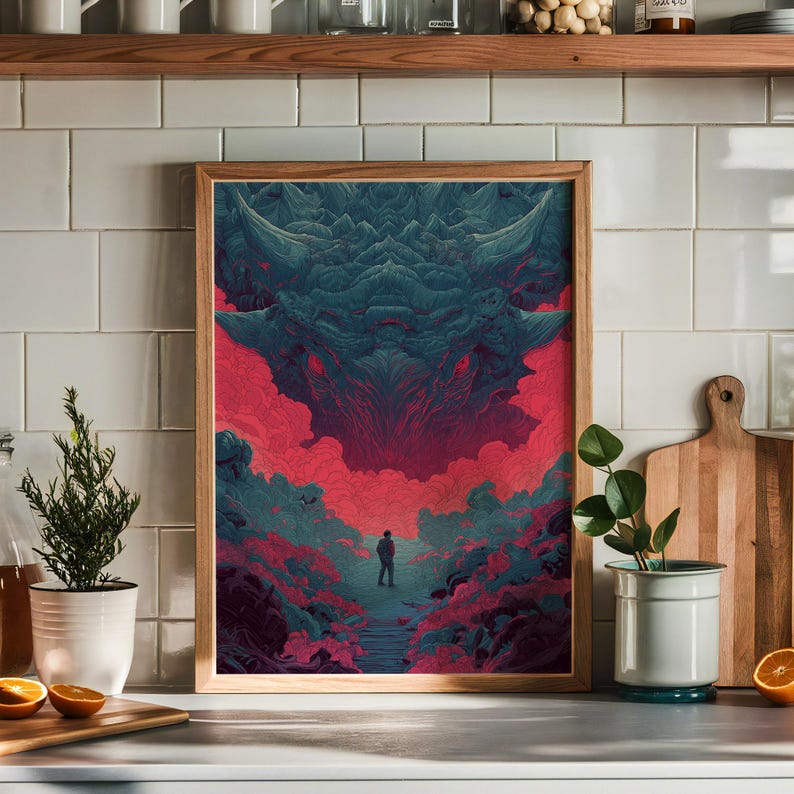 Surreal Kaiju Face Wall Art - Giant Monster Landscape Poster - Dark ...