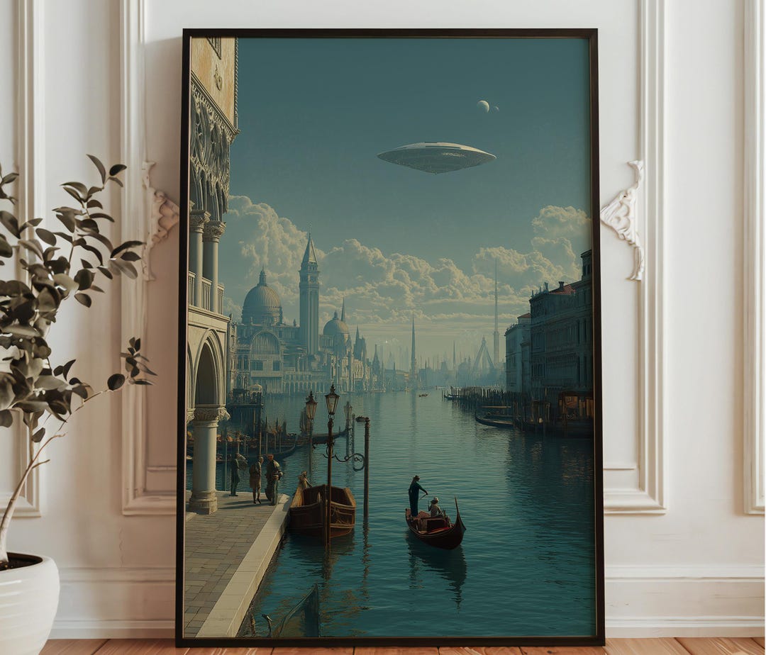 Venice UFO Art Print - Sci Fi Cityscape Wall Art - Alien Spaceship Over ...