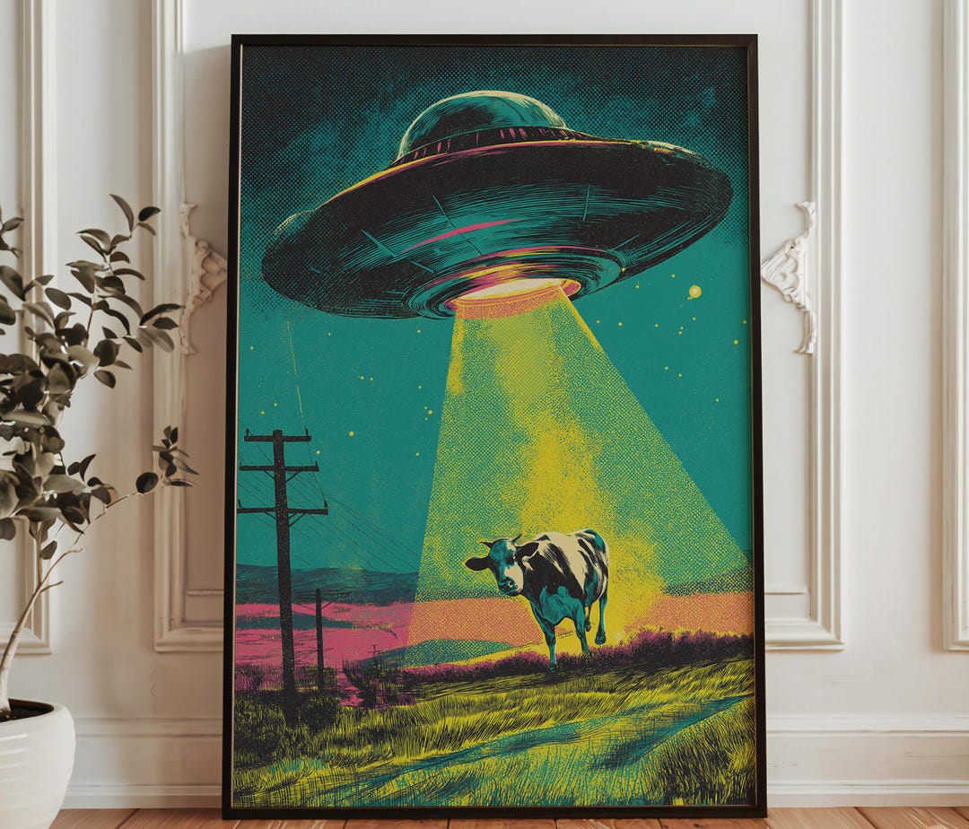Retro UFO Abduction Wall Art - Alien Cow Poster - Vintage Sci Fi Print ...