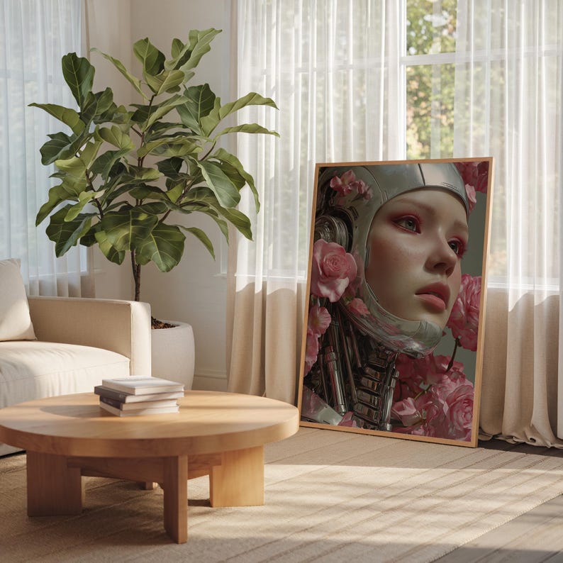Cyberpunk Portrait Art Print - Futuristic Woman With Flowers - Sci Fi ...