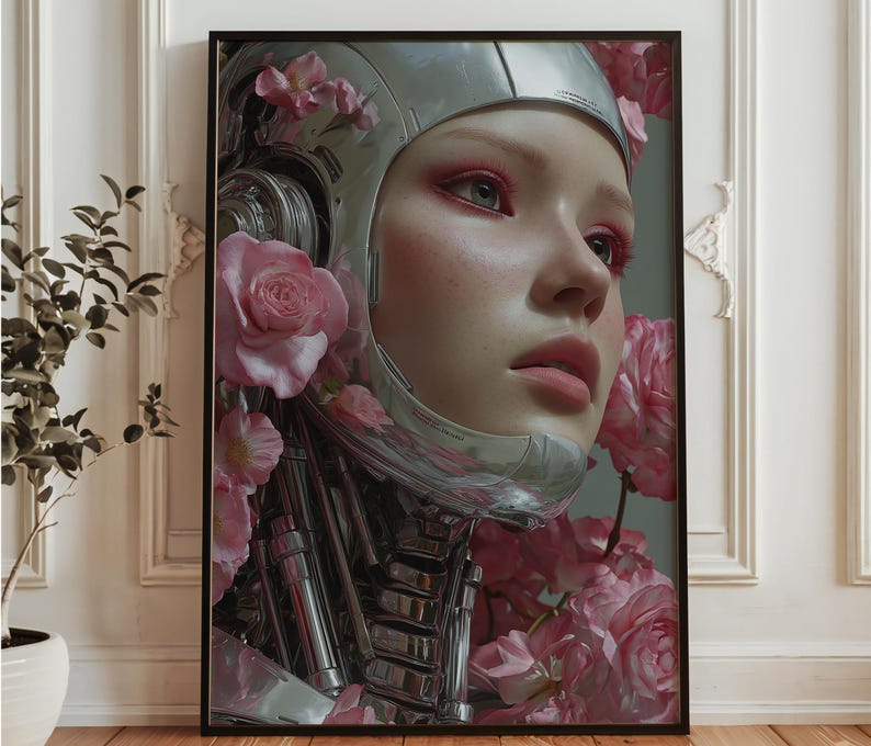 Cyberpunk Portrait Art Print - Futuristic Woman With Flowers - Sci Fi ...