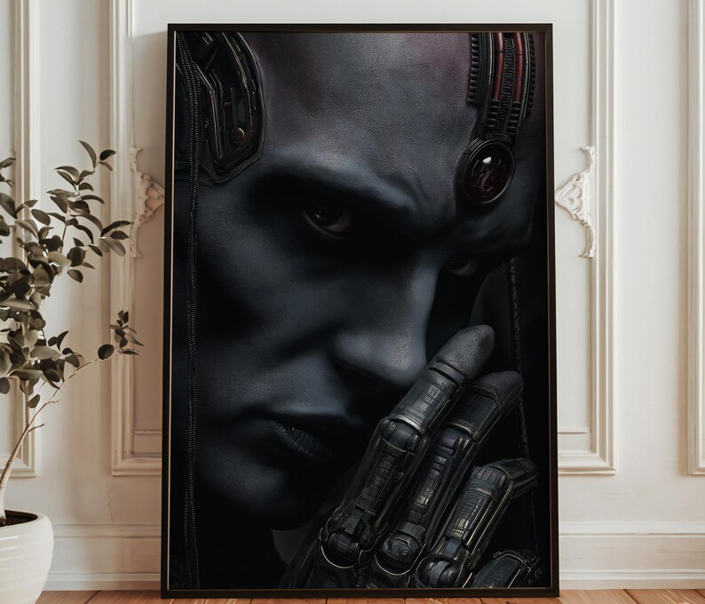 Cyberpunk Android Portrait Wall Art - Dark AI Robot Poster - Futuristic ...