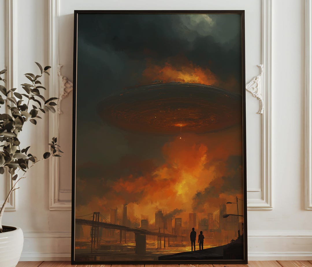 Alien Mothership Over Burning City Art Print - Sci Fi Invasion Skyline ...